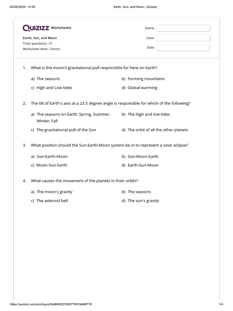 Earth, Sun, and Moon - Quizizz | PDF | Moon | Earth