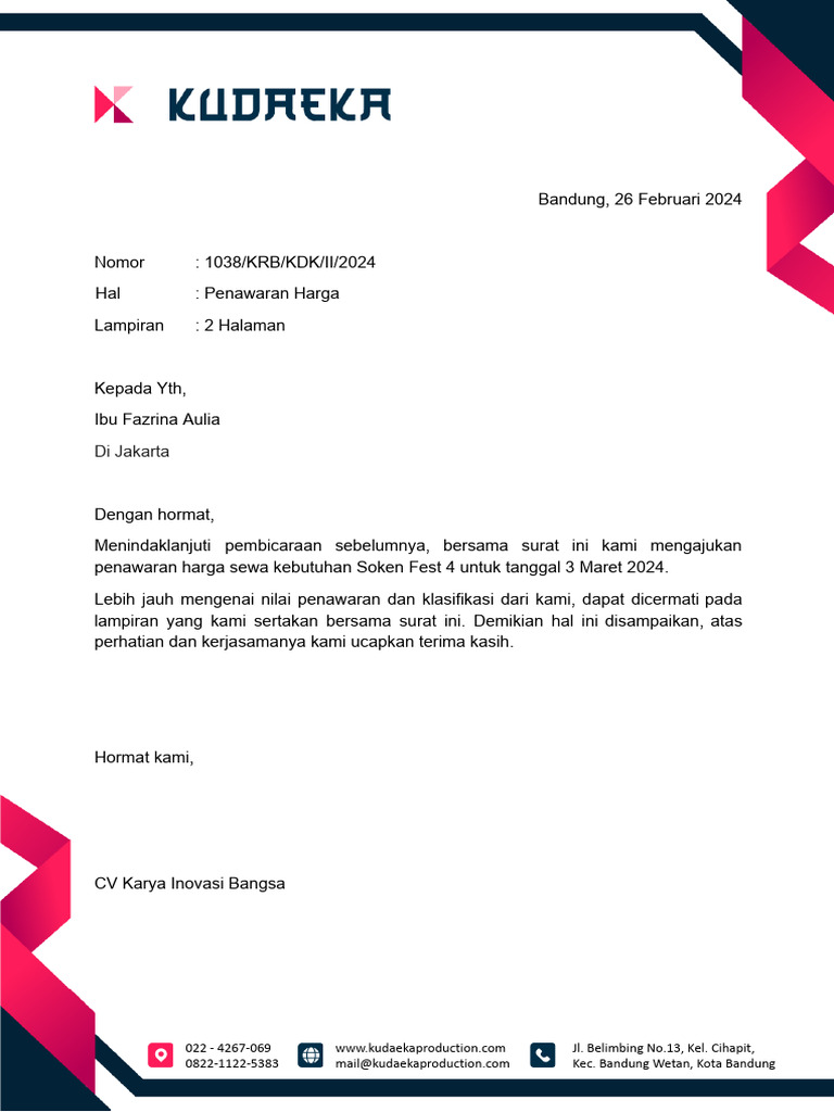 1038 - Surat Penawaran Biaya Sewa Event Soken Fest 4 - Fazrina Aulia | PDF