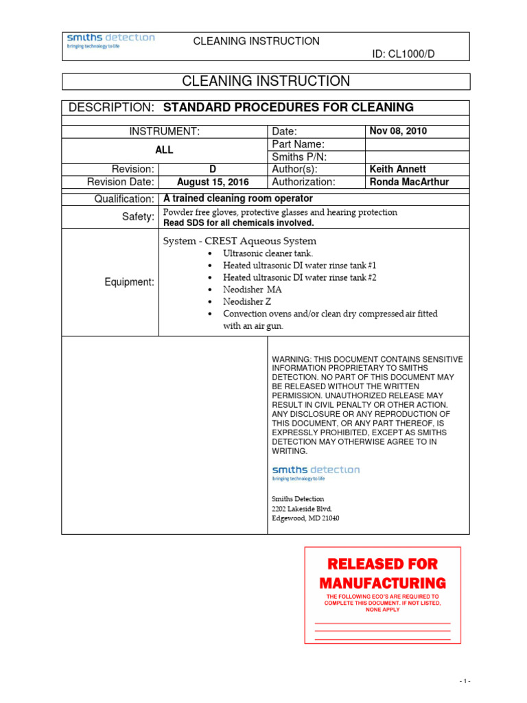 Cleaning Instruction: Description: Standard Procedures For Cleaning ...