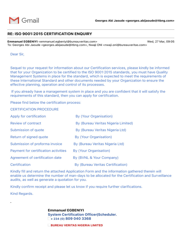 Re: Iso 9001:2015 Certification Enquiry | PDF | Iso 9000 | Business