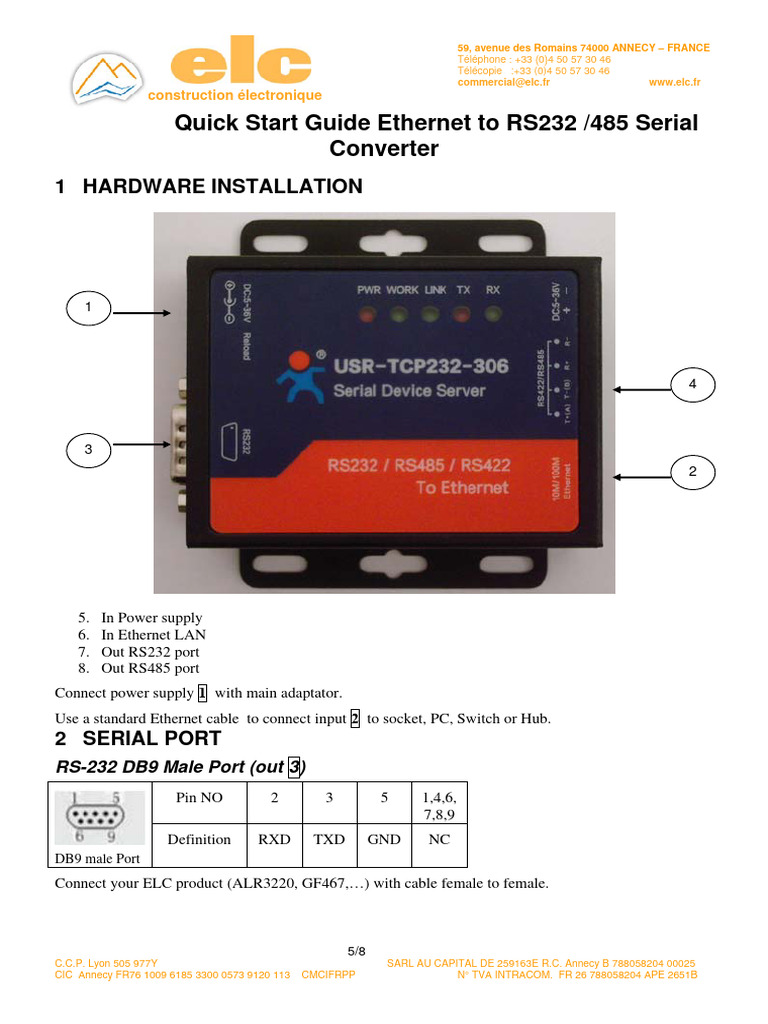 Quick Start Guide Ethernet To RS232 /485 Serial Converter: 1 Hardware Installation | Download ...