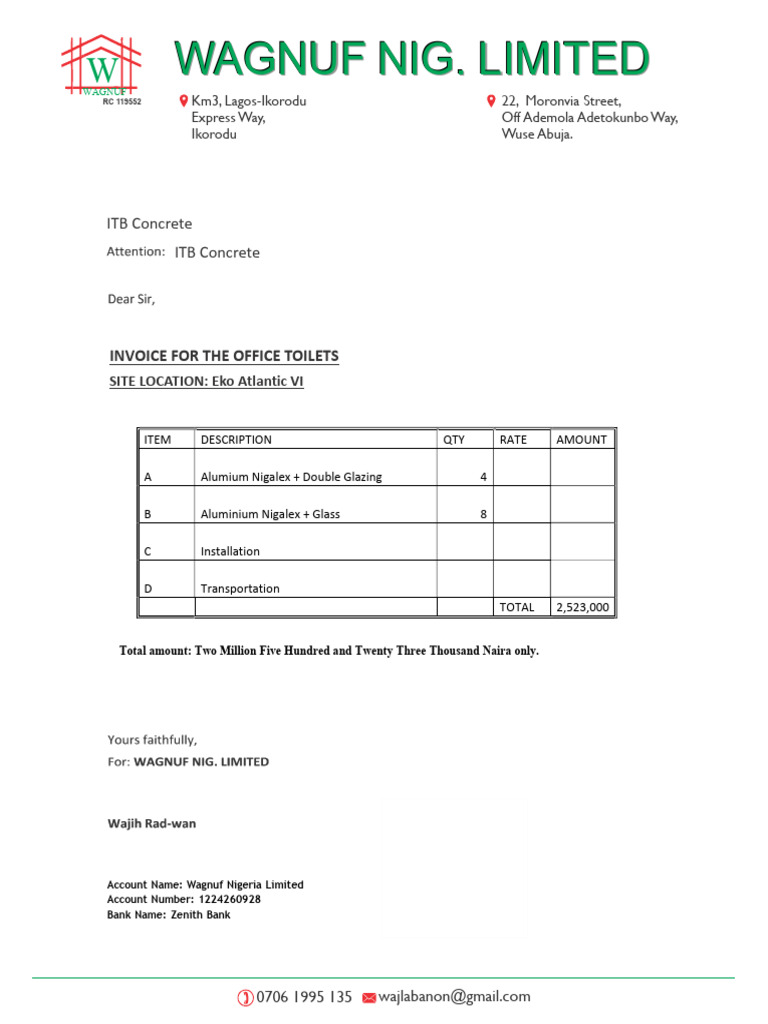 Invoice for Eko Atlantic Toilets Project | PDF