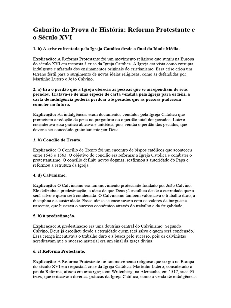 7º Ano Gabarito Da Prova De História Pdf Protestantismo Calvinismo