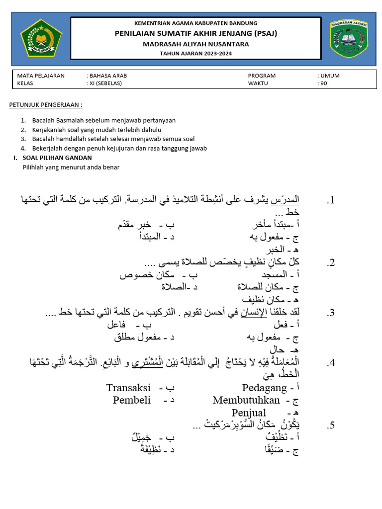 soal bahasa arab kelas 11 pat | PDF