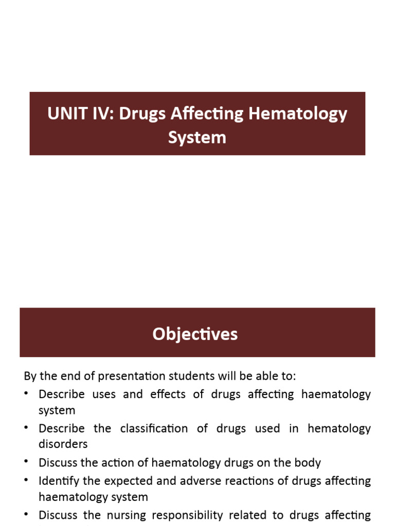 Unit IV Drugs Affecting Hematology System | PDF | Coagulation | Thrombus