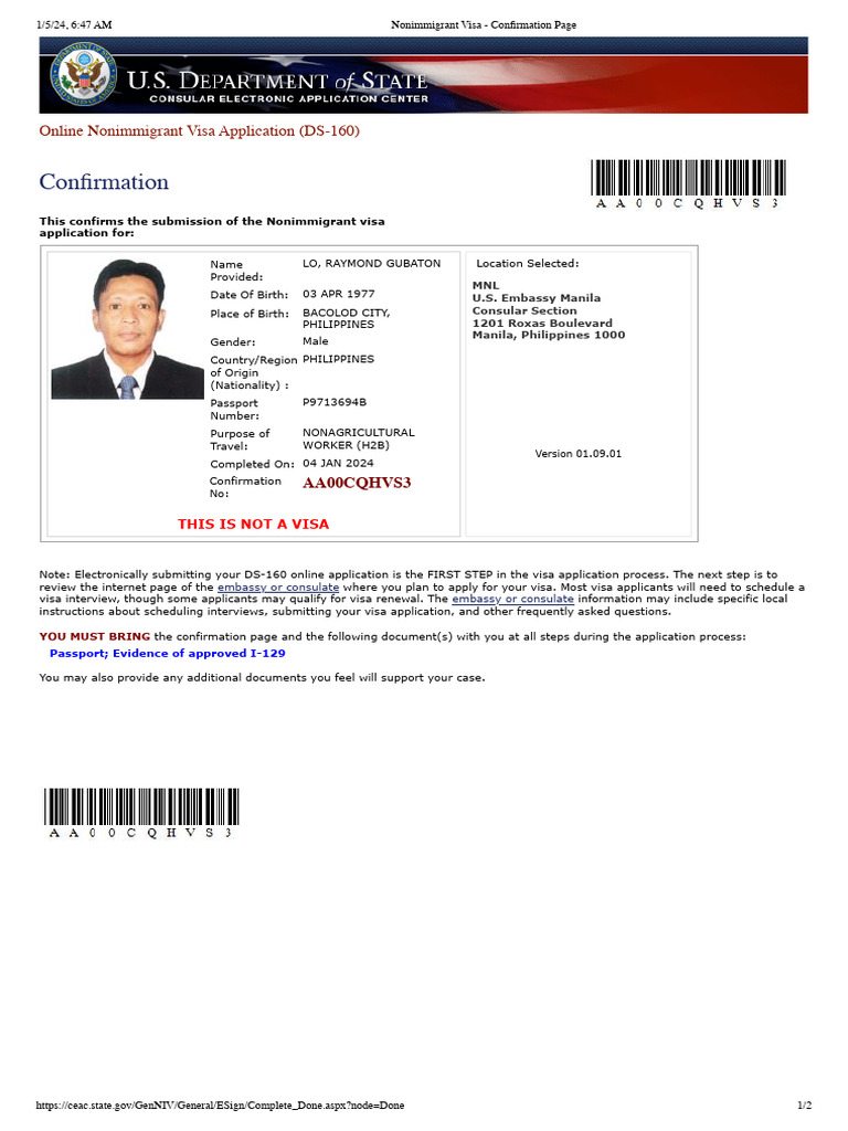 Ds160 Confirmation - Lo, Raymond Gubaton | PDF | Travel Visa | Fingerprint