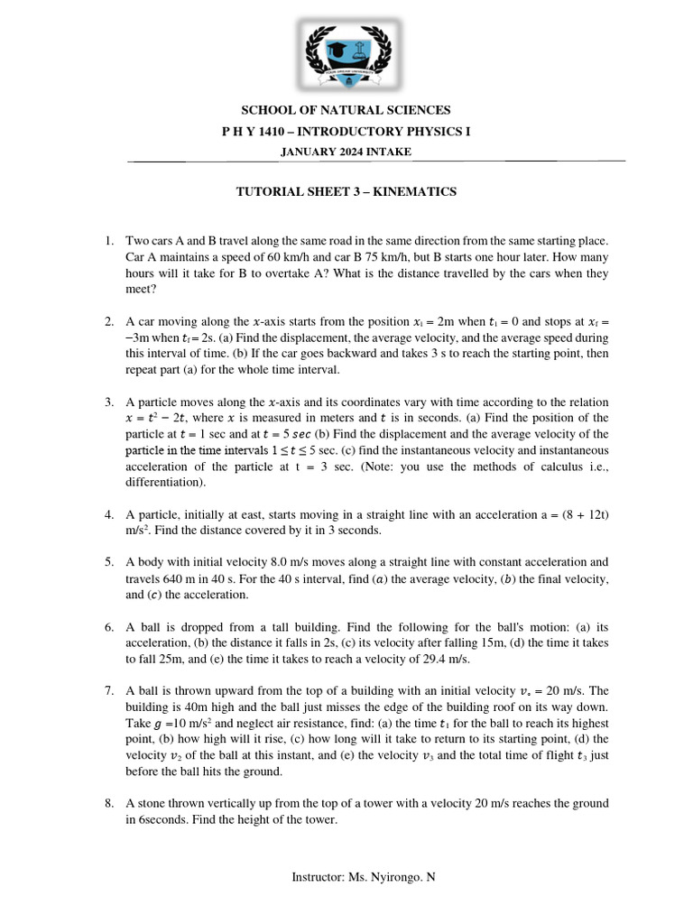 TUTORIAL SHEET 3 - KINEMATICS | PDF | Speed | Kinematics