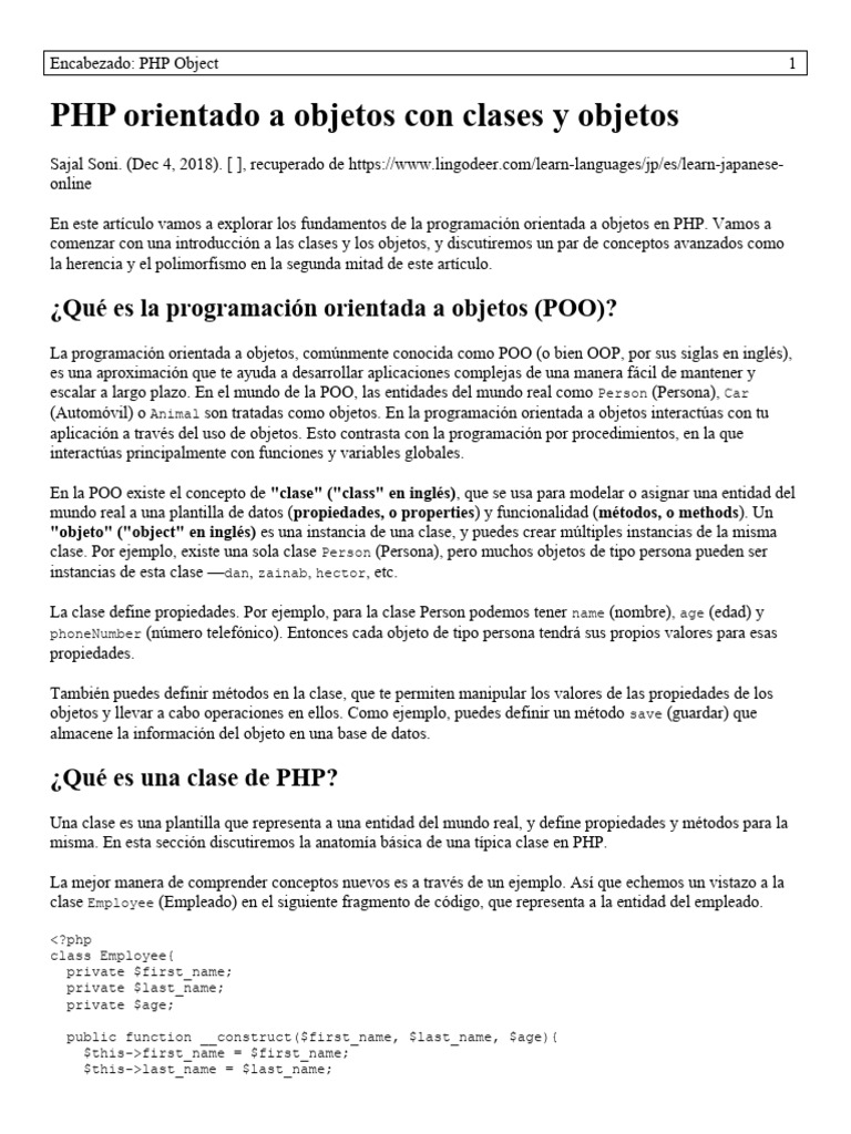 Php Orientado A Objetos Con Clases Y Objetos Pdf Objeto Informática Programación