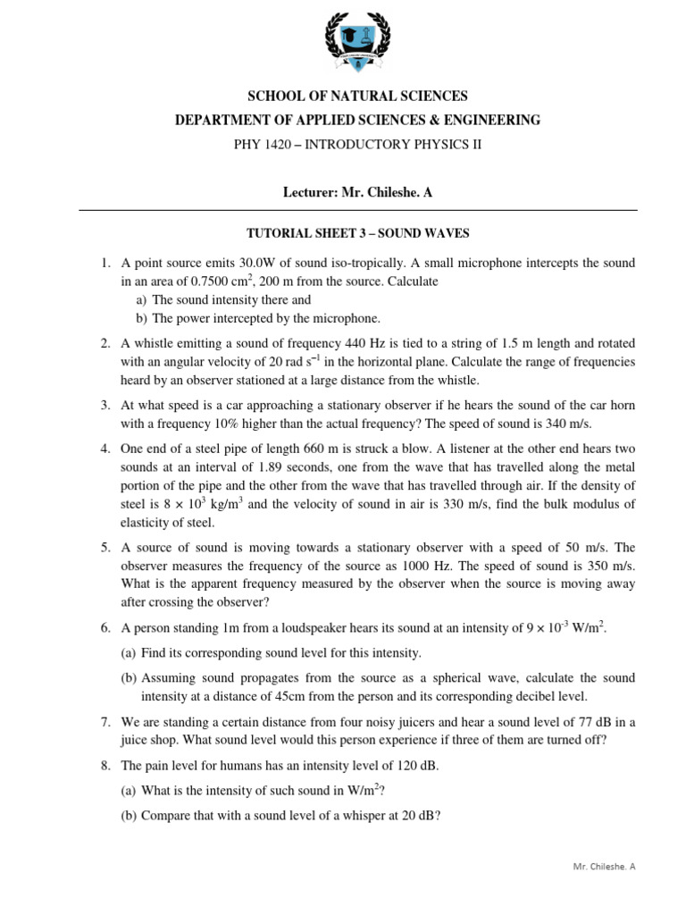 Tutorial Sheet 3 - SOUND WAVES | PDF | Sound | Waves