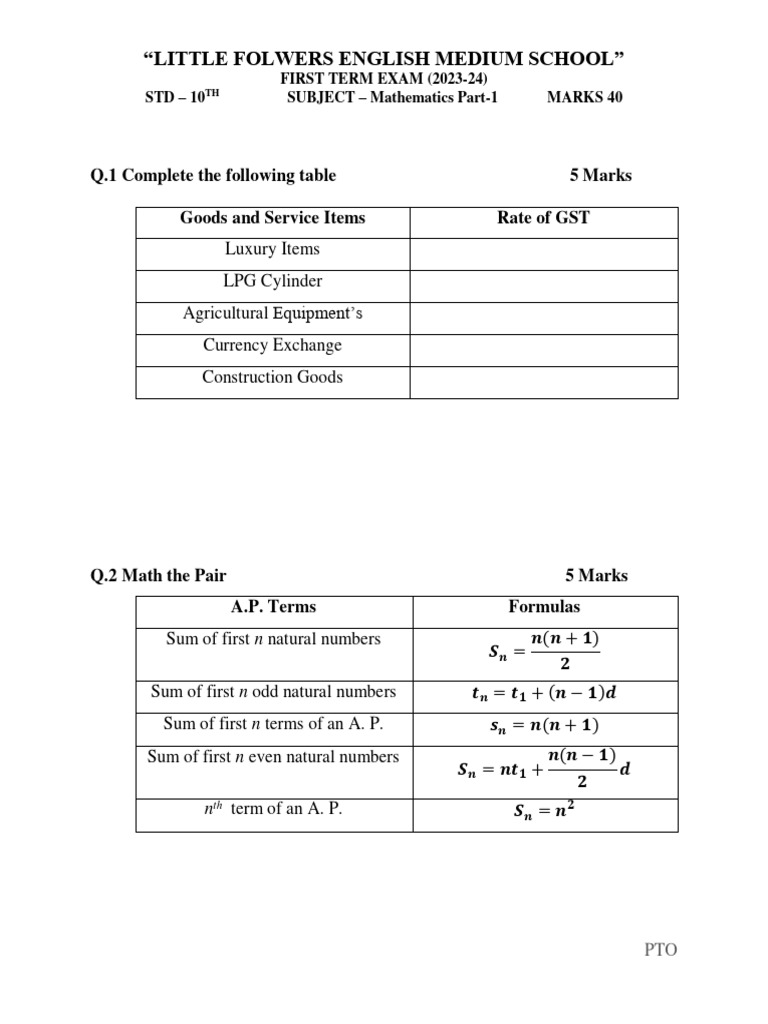 10TH Math 1 QP - 1 | PDF | Mathematics | Algebra