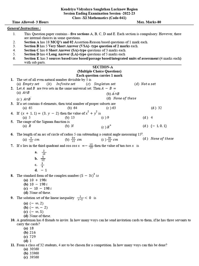 XI Maths QP | PDF | Geometry | Mathematical Concepts