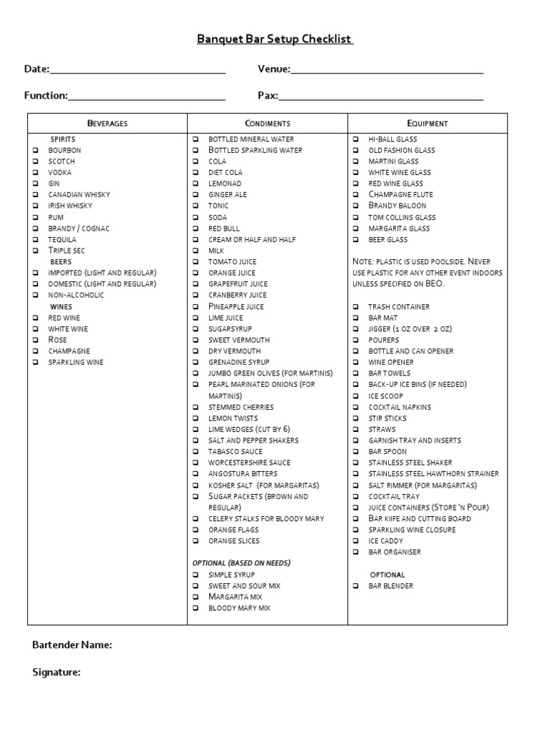 Banquet Bar Setup Checklist | PDF | Martini (Cocktail) | Cocktails