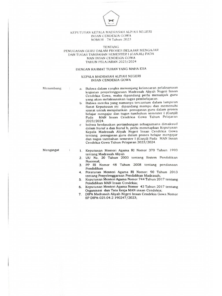 SK Pembagian Tugas Guru Ganjil 2023 - 2024 | PDF
