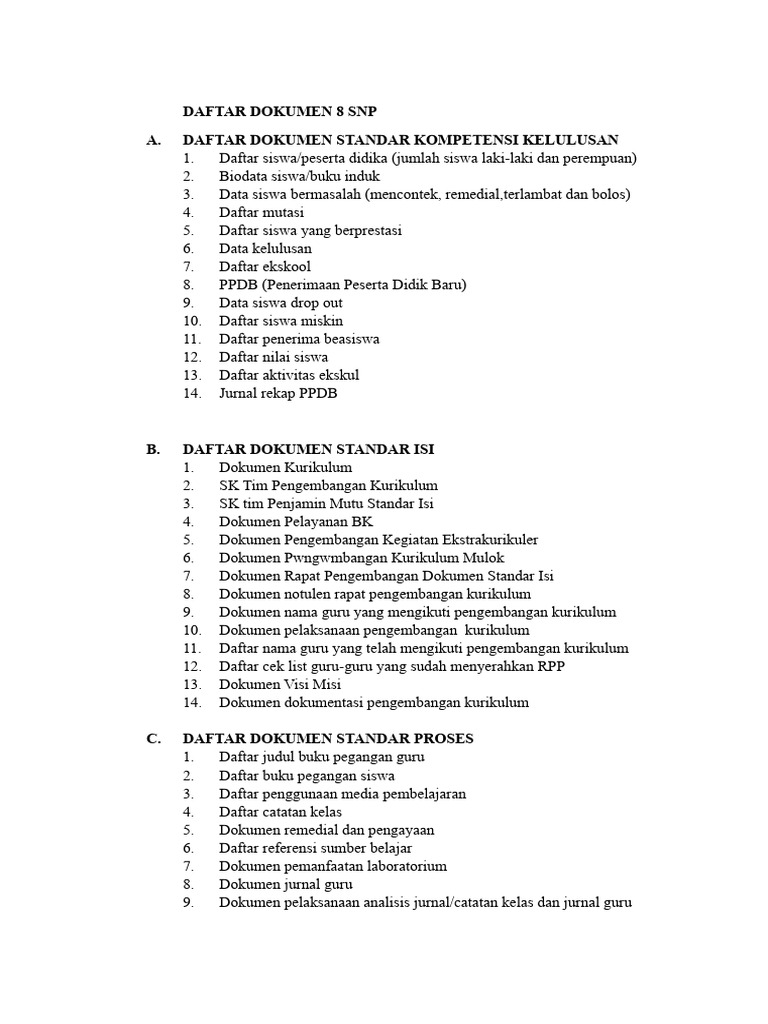 Daftar Dokumen 8 SNP | PDF