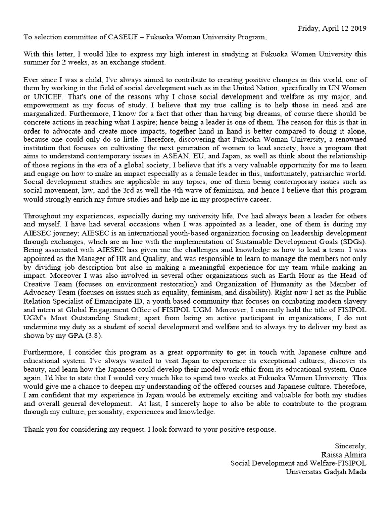 Example of Motivation Letter (S1) | PDF | Feminism | Gender Studies