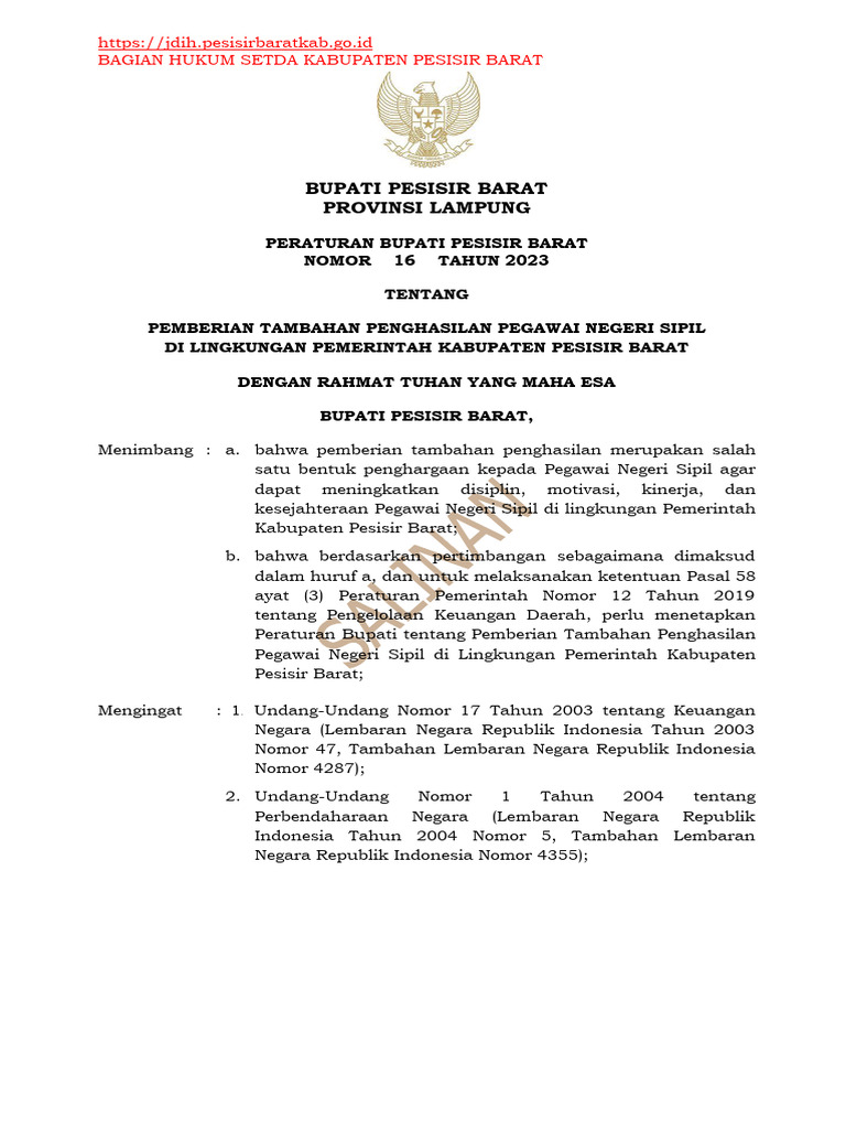 Perbup Pesisir Barat No 16 Tahun 2023 | PDF
