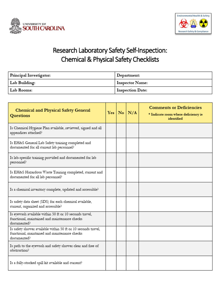 Self Inspection Checklist Chemical Physical Hazards Extended | PDF ...