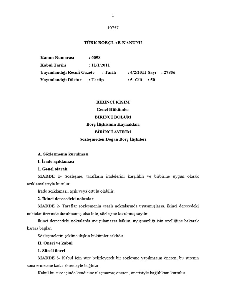 TÜRK+BORÇLAR+KANUNU+ m.+1-30 | PDF