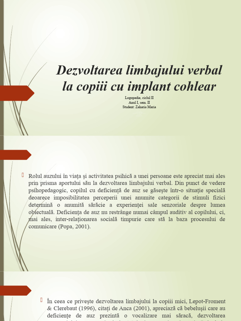 Dezvoltarea Limbajului Verbal La Copiii Cu Implant Cohlear | PDF