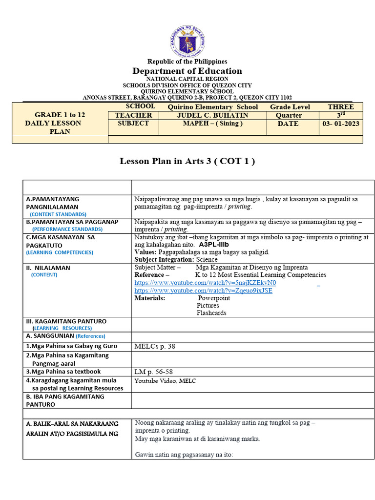 MAPEH ARTS 3 COT 1 Lesson Plan JUDEL B. SY 22 23 | PDF
