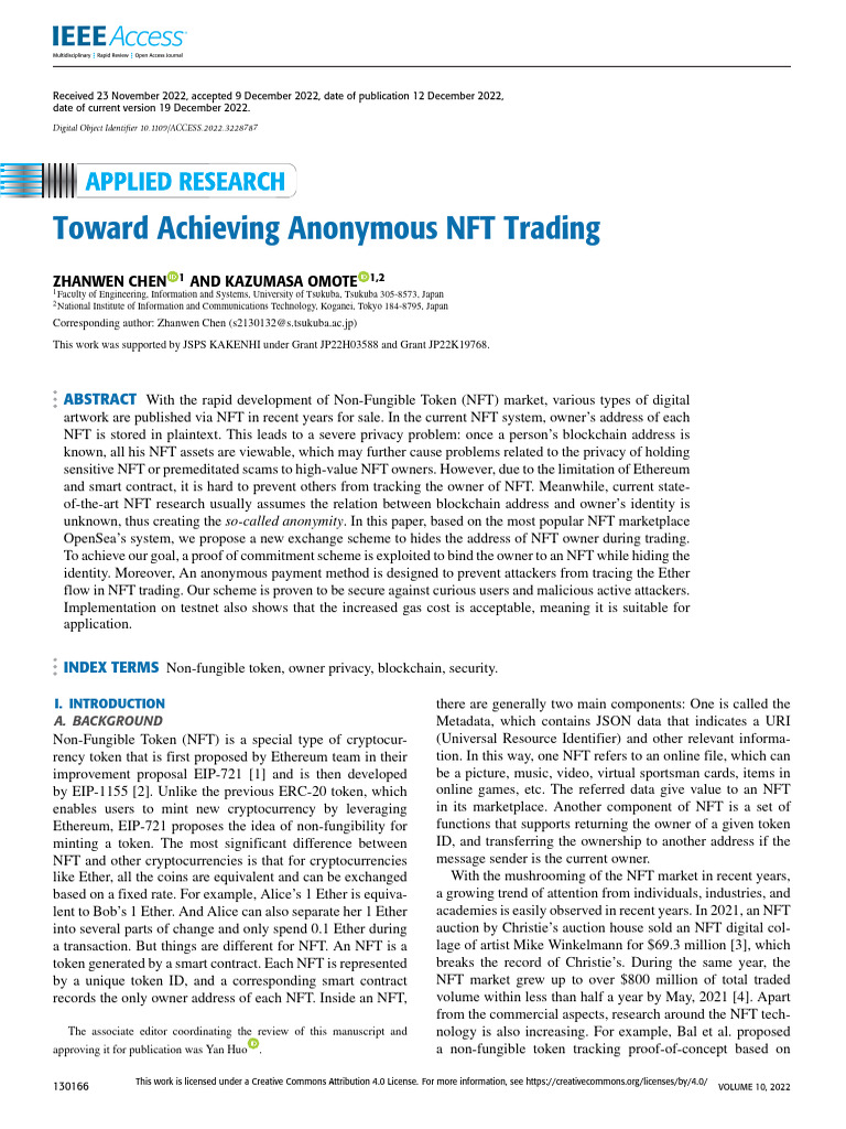 Toward Achieving Anonymous NFT Trading | PDF | Cryptocurrency | Proxy ...