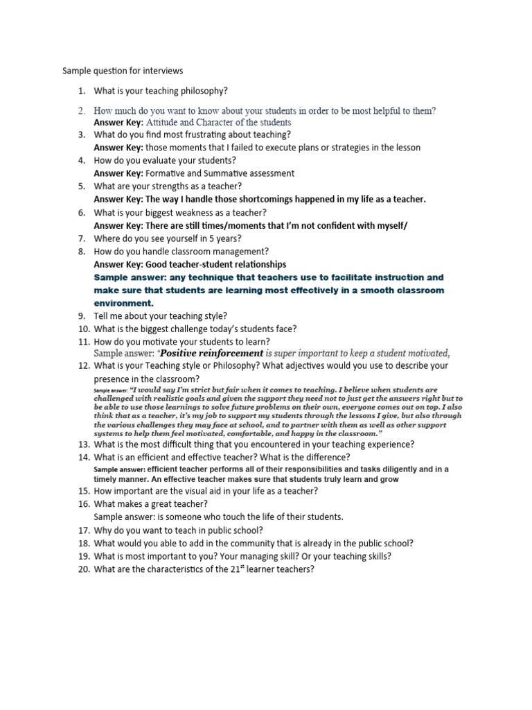 Interview Sample Questions | PDF | Teachers | Human Communication