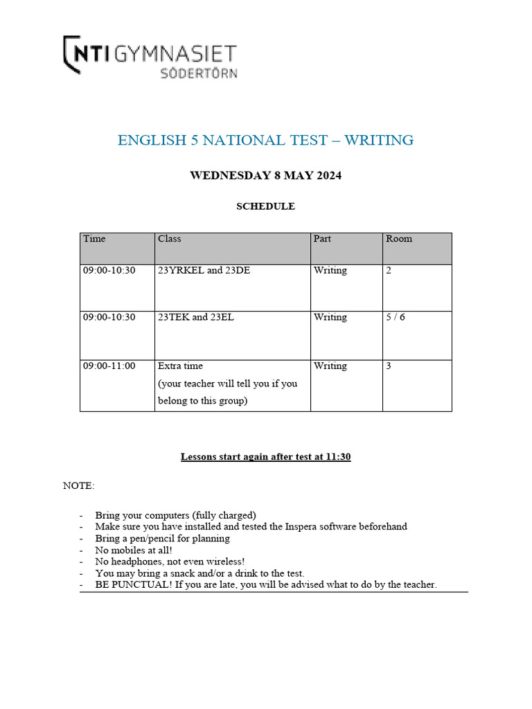 National Test - English 5 - Writing - 2024 - Student | PDF