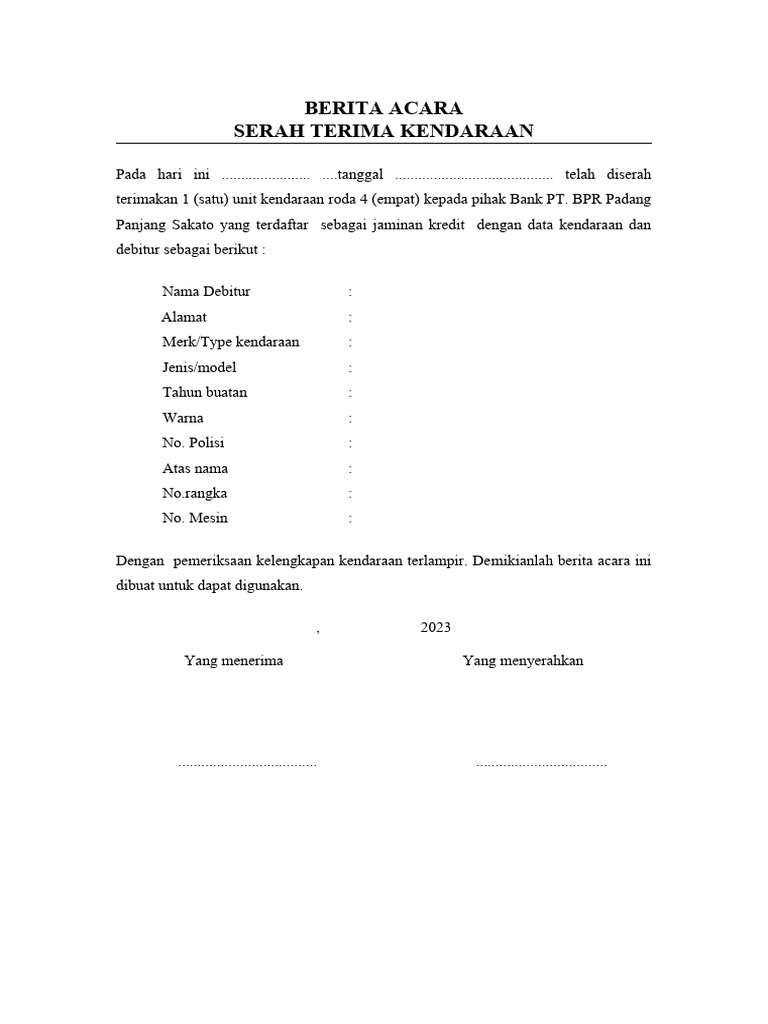 Berita Acara Serah Terima Kendaraan Mobil Cabang | PDF