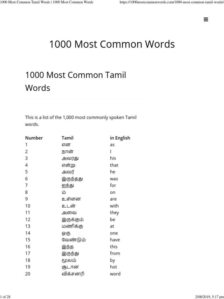 1000 Most Common Tamil Words 1000 Most Common Words | PDF