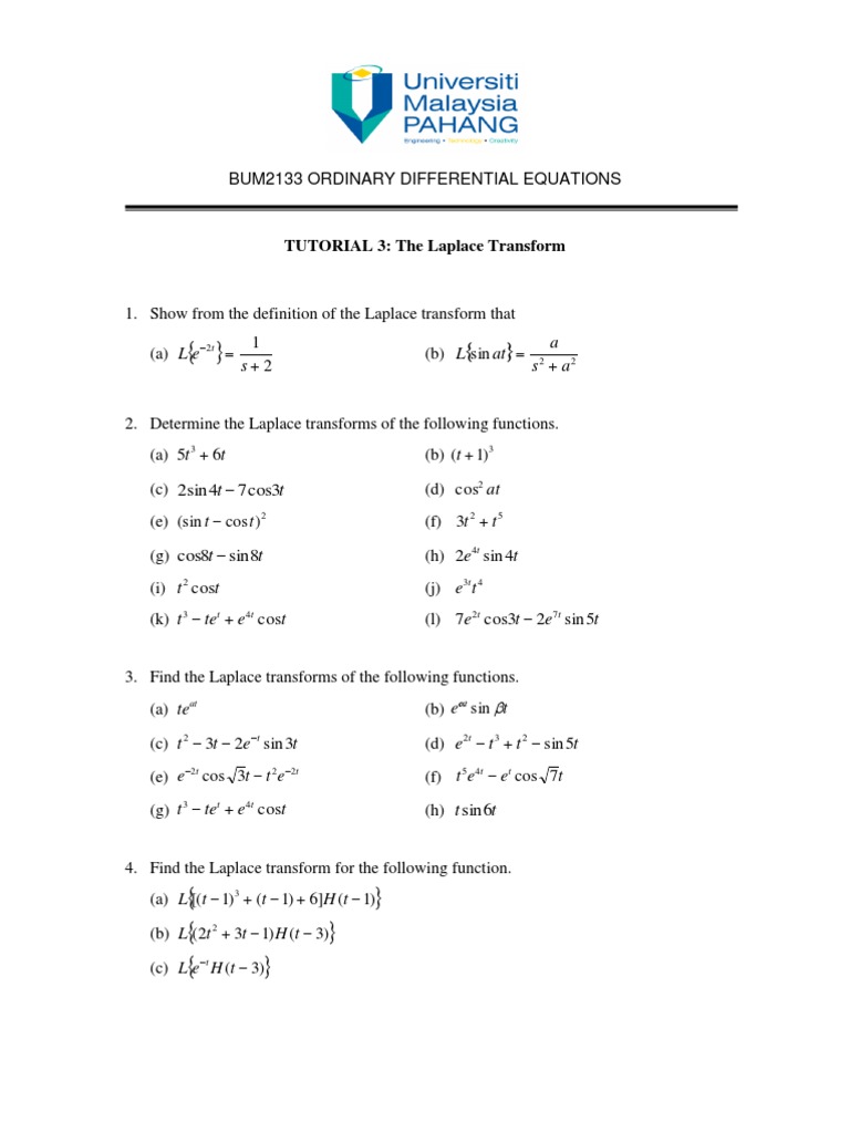 Tutorial Chapter 3 | PDF | Laplace Transform | Mathematical Relations