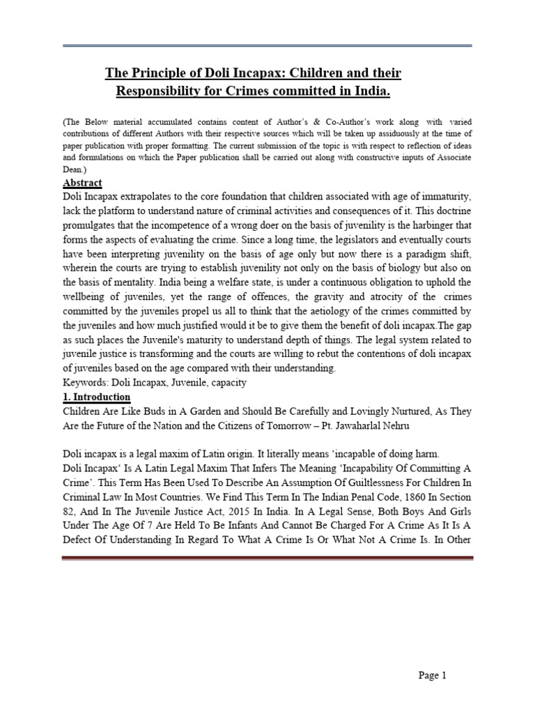 Doli Incapax: Children's Criminal Liability | PDF | Mens Rea | Crimes