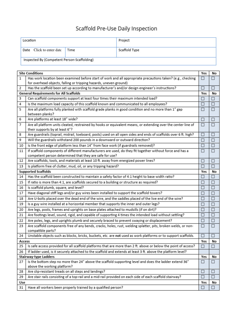 Scaffold Pre Use Daily Inspection Checklist | Download Free PDF | Scaffolding | Stairs