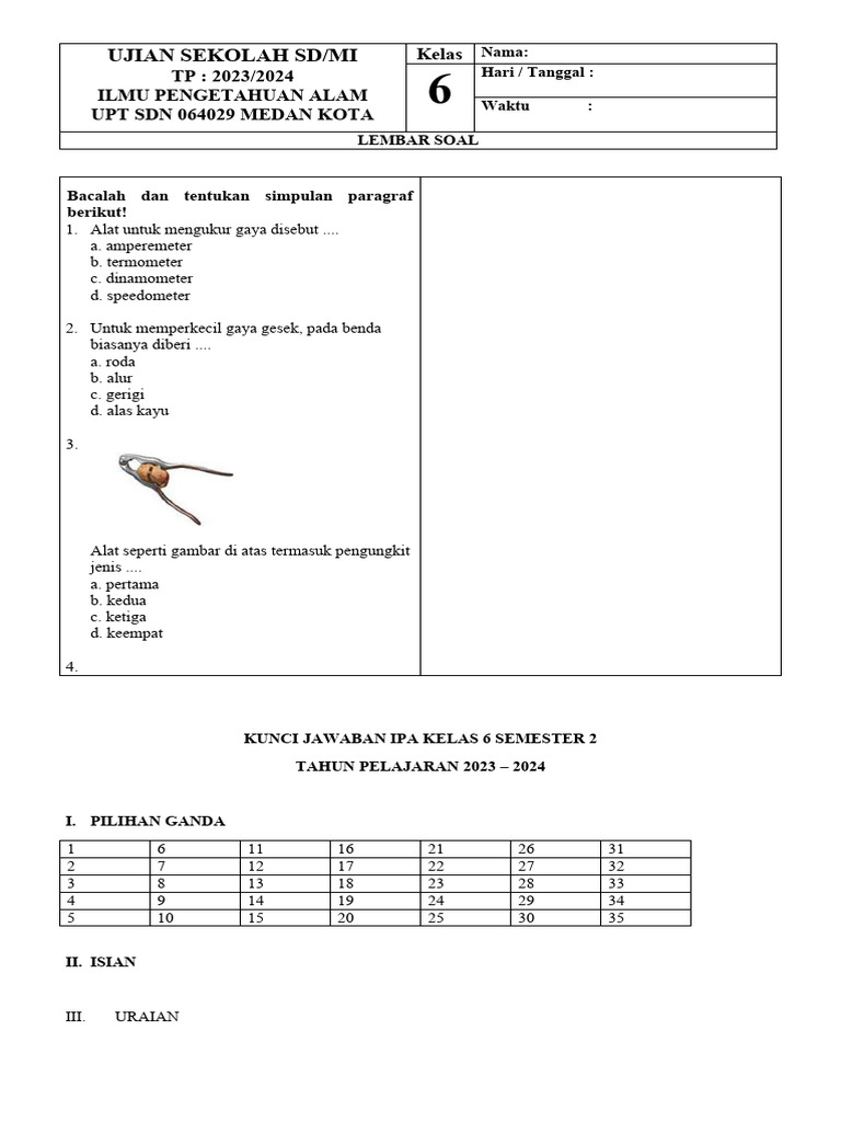 Contoh Format Soal Sem 2 Kls 6 2023-2024 | PDF