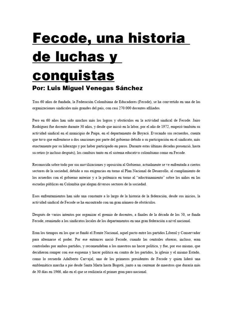 Fecode, Una Historia de Luchas y Conquistas | PDF | Sindicato | Colombia