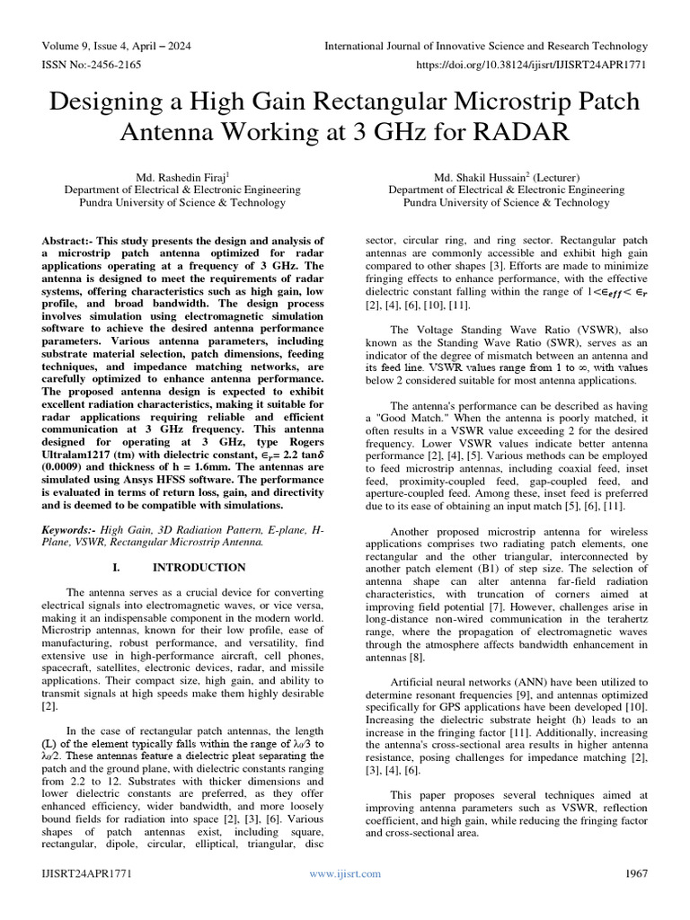 Designing A High Gain Rectangular Microstrip Patch Antenna Working at 3 GHZ For RADAR | PDF ...