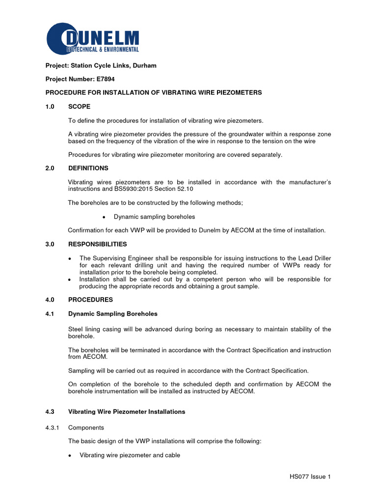 HS077 VWP Installation | PDF | Borehole