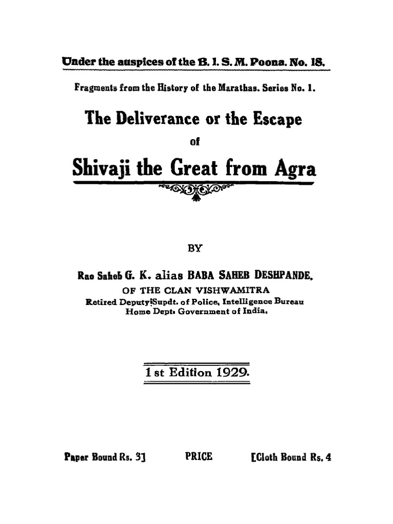 Escape of Shivaji The Great From Agra (Babasaheb Deshpande) | PDF