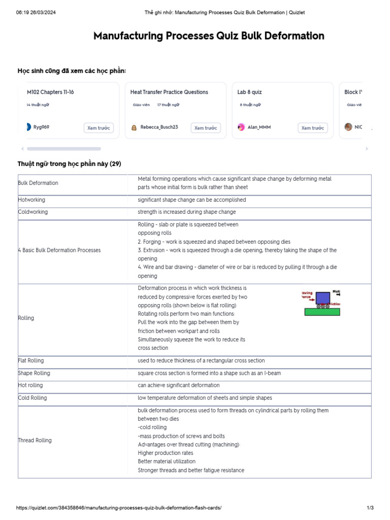 Thẻ ghi nhớ - Manufacturing Processes Quiz Bulk Deformation - Quizlet | PDF | Forging | Extrusion