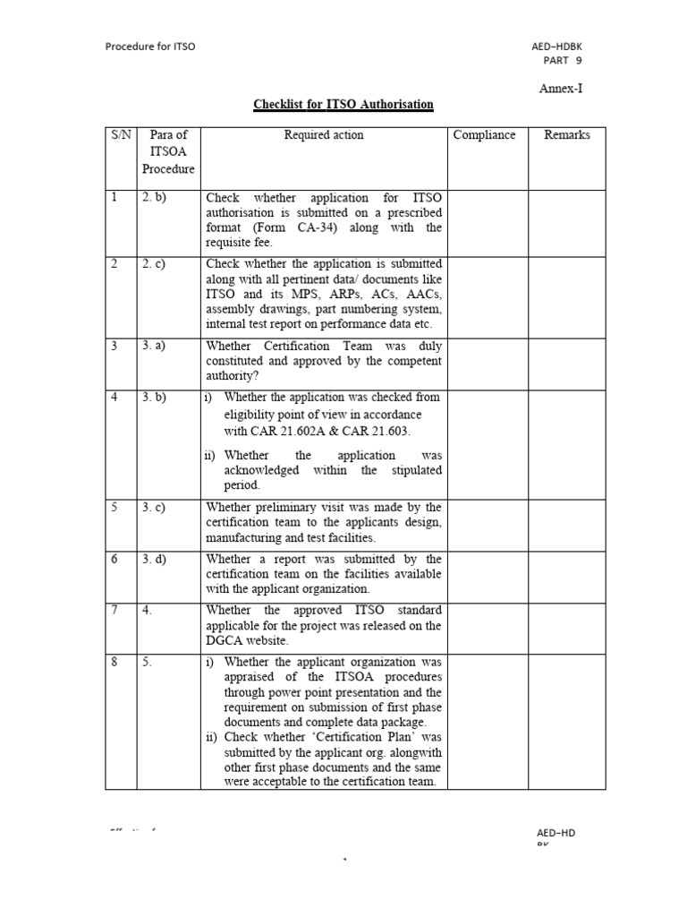 AEDHBK Checklist ITSO Subpart O | PDF