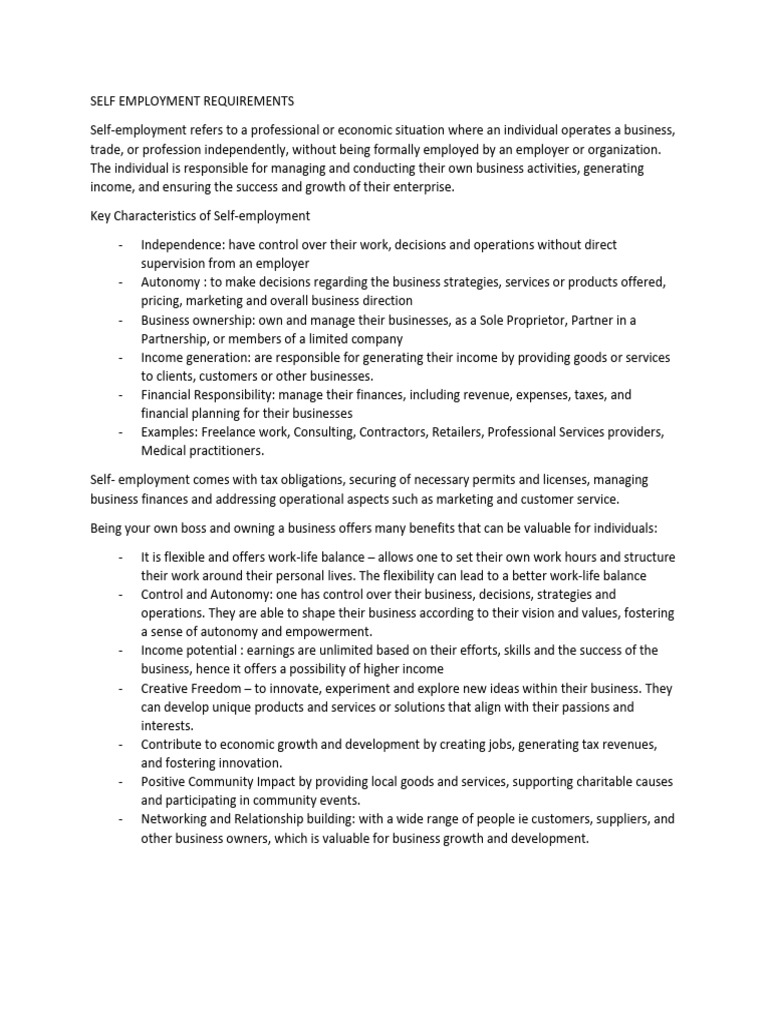 Self-Employment Entry Requirements | PDF | Self Employment | Small ...