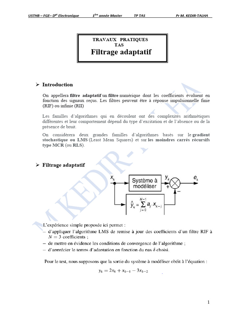 Filtrage Adaptatif en Traitement de Signal | PDF | Filtre (électronique ...