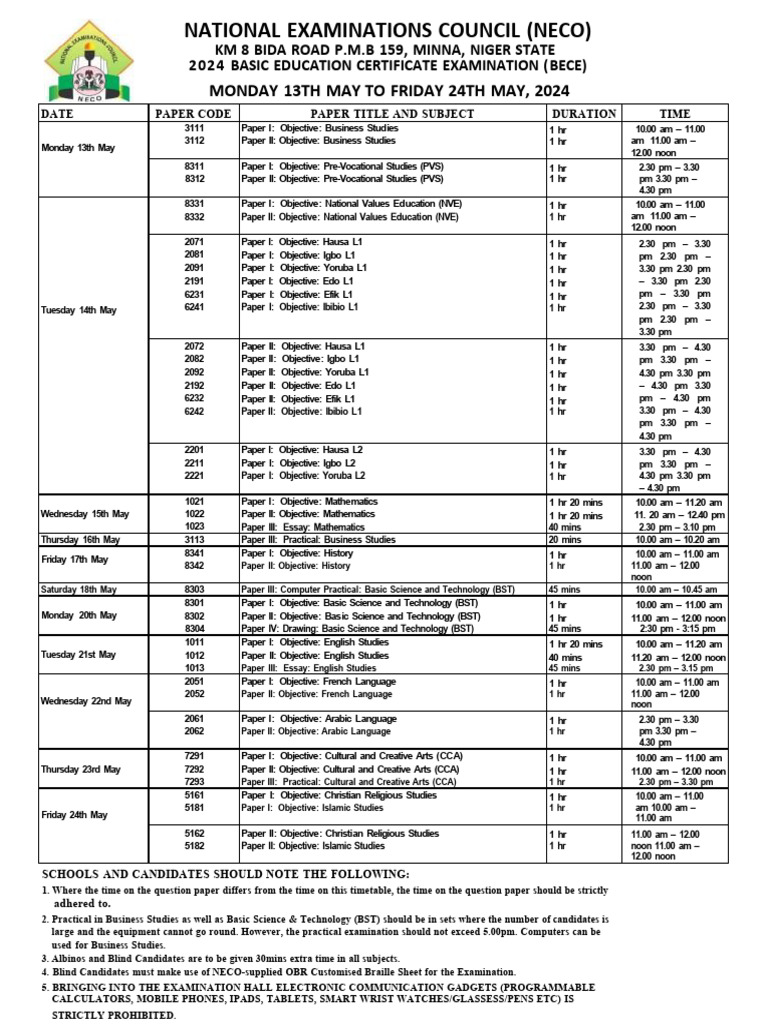 2024 BECE TIMETABLE-2 | PDF