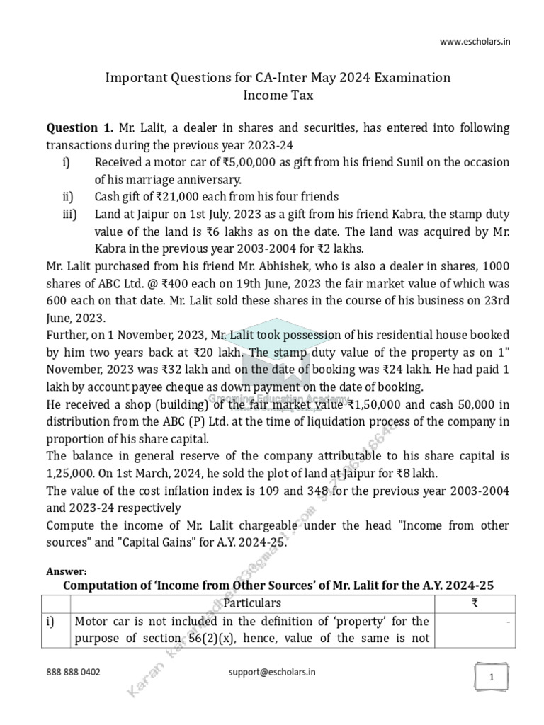 CA Inter Income Tax Important Questions PDF | Download Free PDF ...