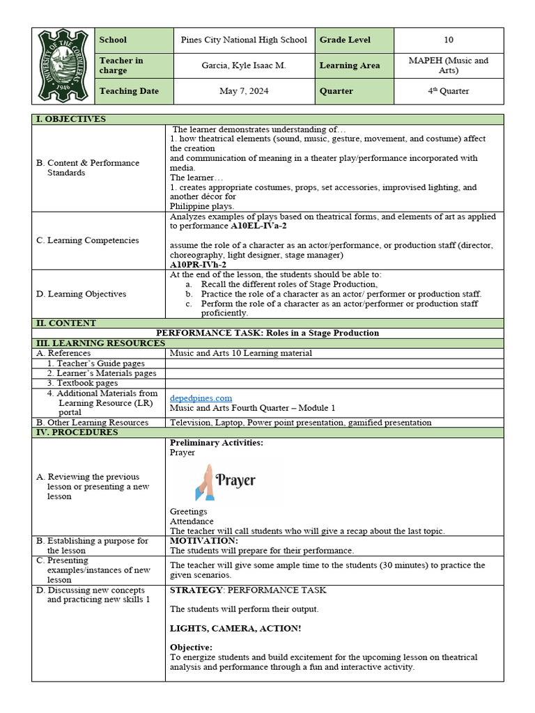 LP - PERFORMANCE TASK - Roles in A Stage Production | PDF | Learning | Cognition