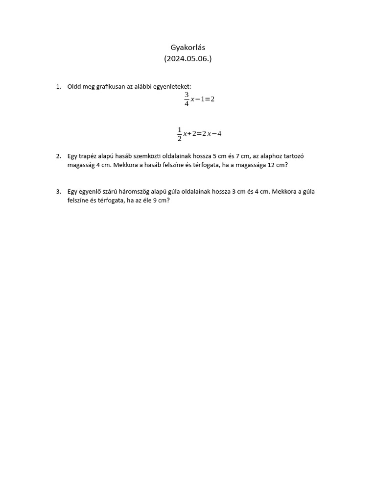 Gyakorlás (Grafikus Egyenlet, Gúla, Hasáb) | PDF