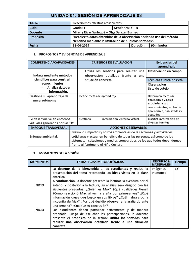 Unidad 01 - Sesion 3 Cyt | PDF | Aprendizaje | Observación