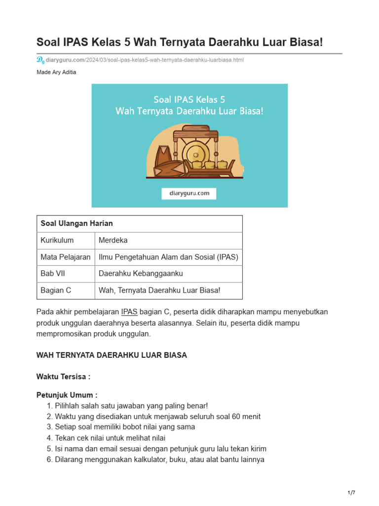 Soal IPAS Kelas 5 Wah Ternyata Daerahku Luar Biasa | PDF