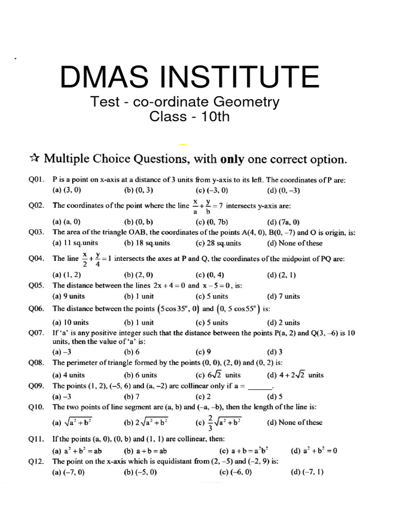 cl10 Maths Coordinator Geometry MCQ Test | PDF | Triangle | Cartesian ...