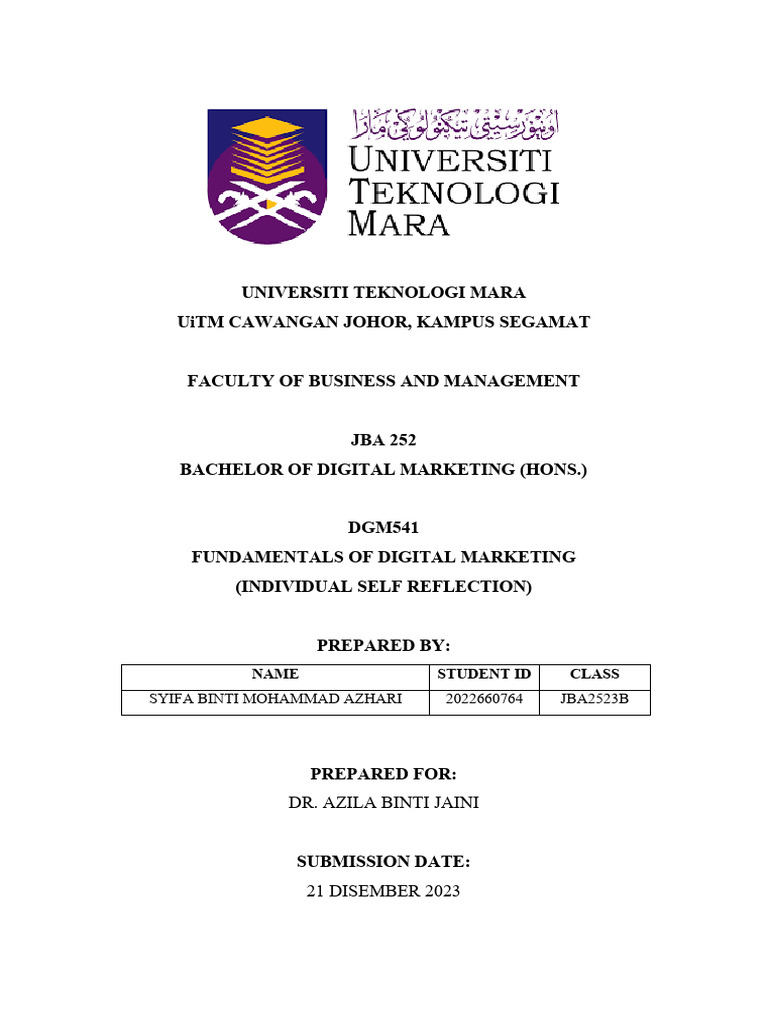 Dgm541 Individual Self Reflection Pdf Digital Marketing Marketing