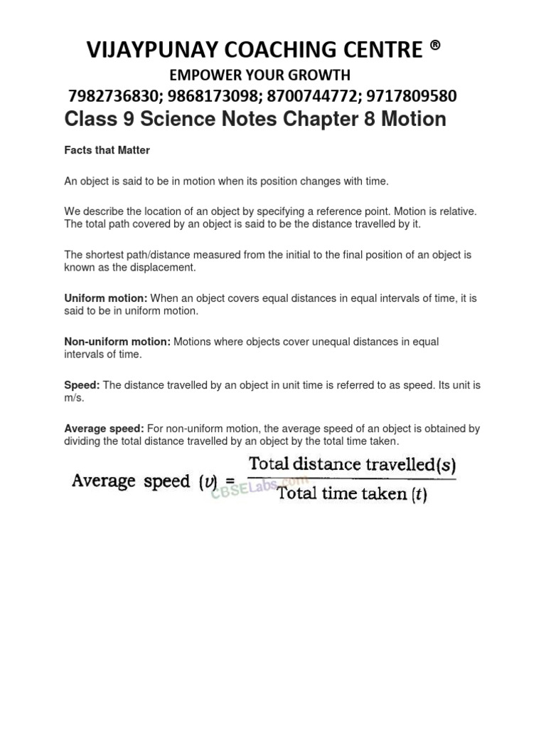 Class 9 Science CH 8 Notes | PDF | Speed | Velocity